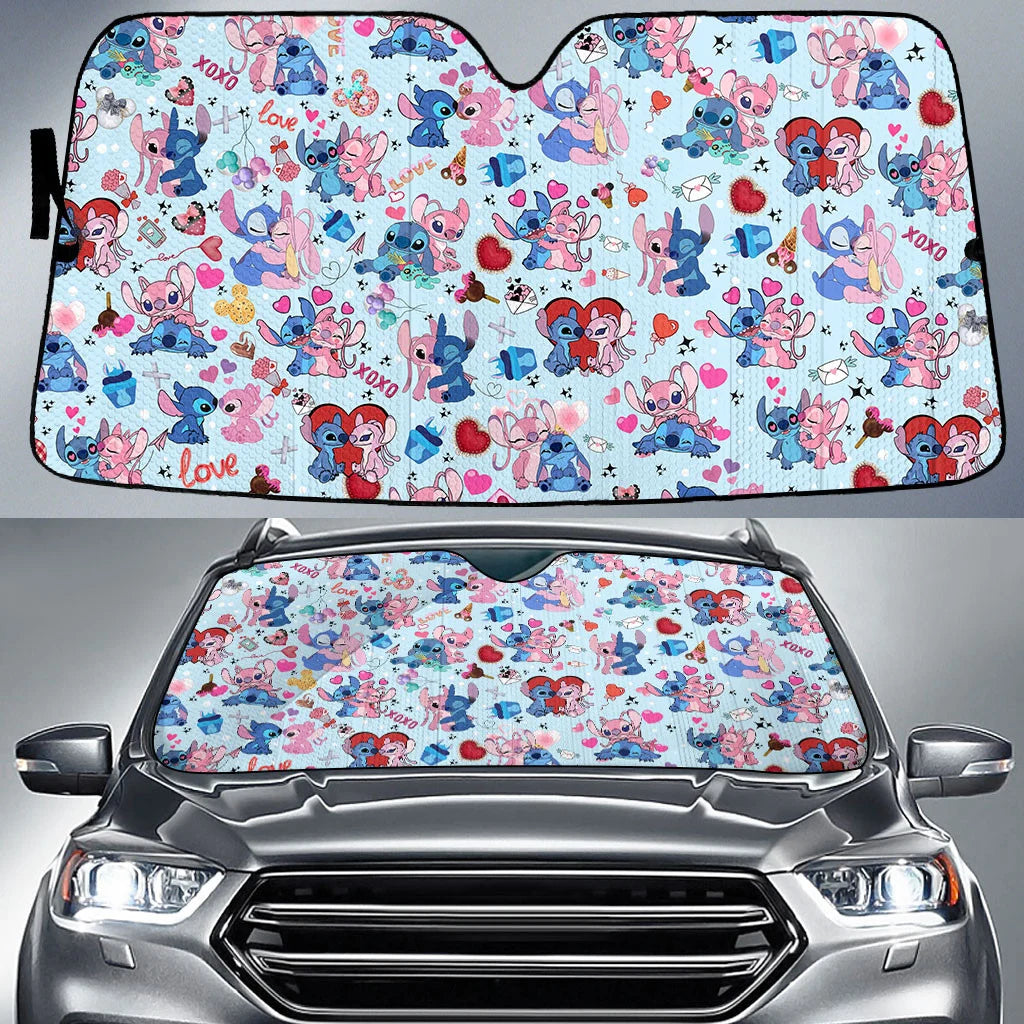Stitch Car Sun Shade Stitch And Angel Valentine Love Pattern Winshield ...