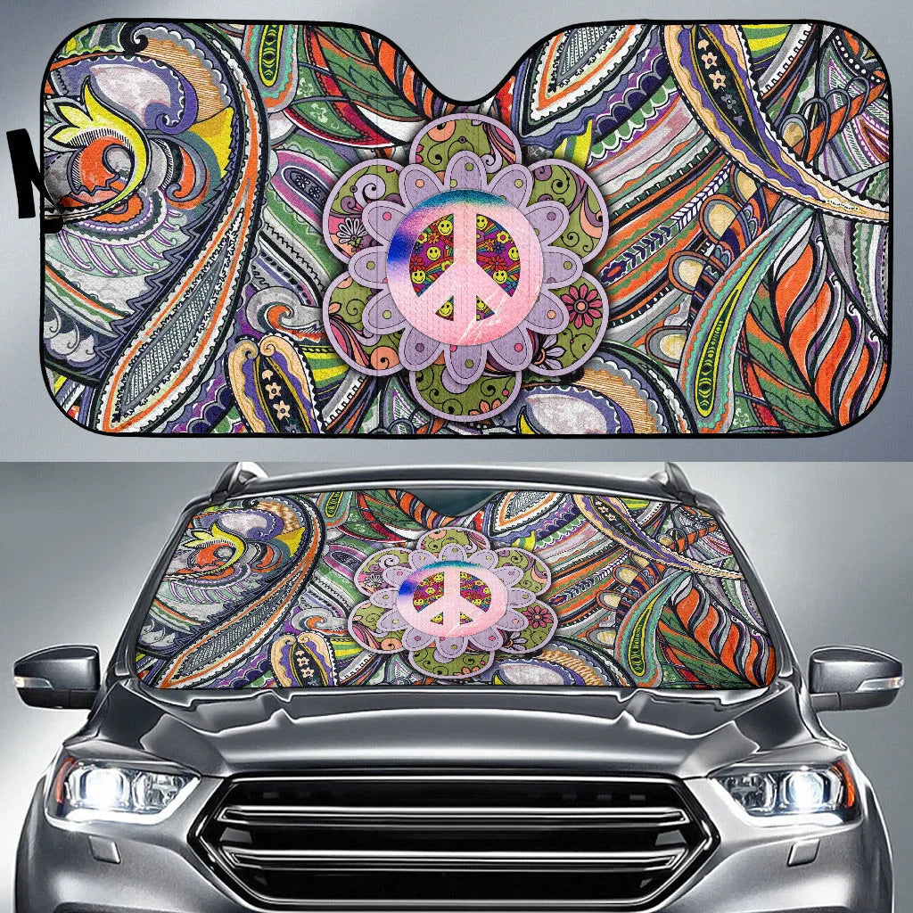 Hippie Car Sun Shade Peace Symbol Hippie Art Winshield Sun Shade Color ...