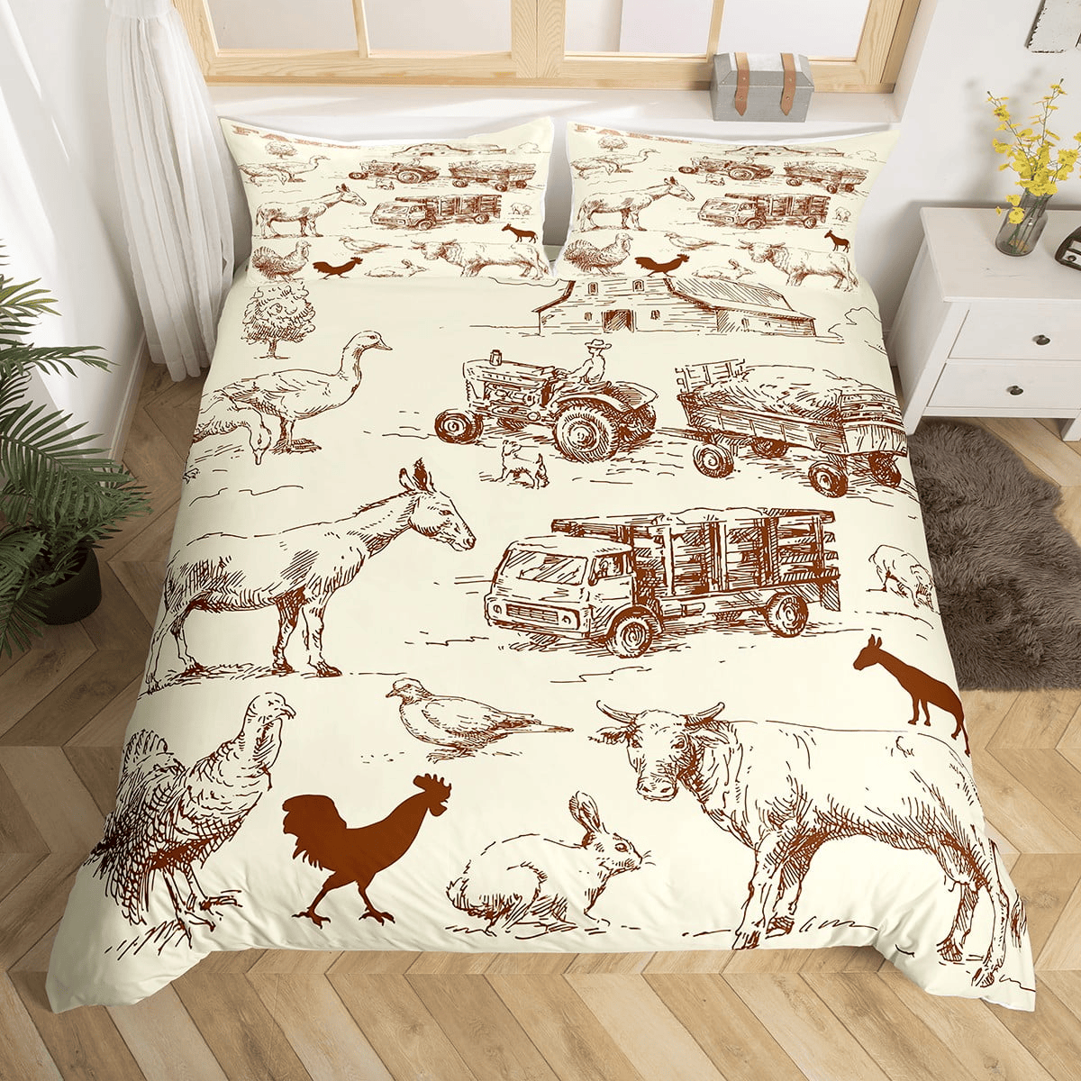 Farmer Bedding Set Farm Animal Cow Chicken Pattern Duvet Covers Brown ...