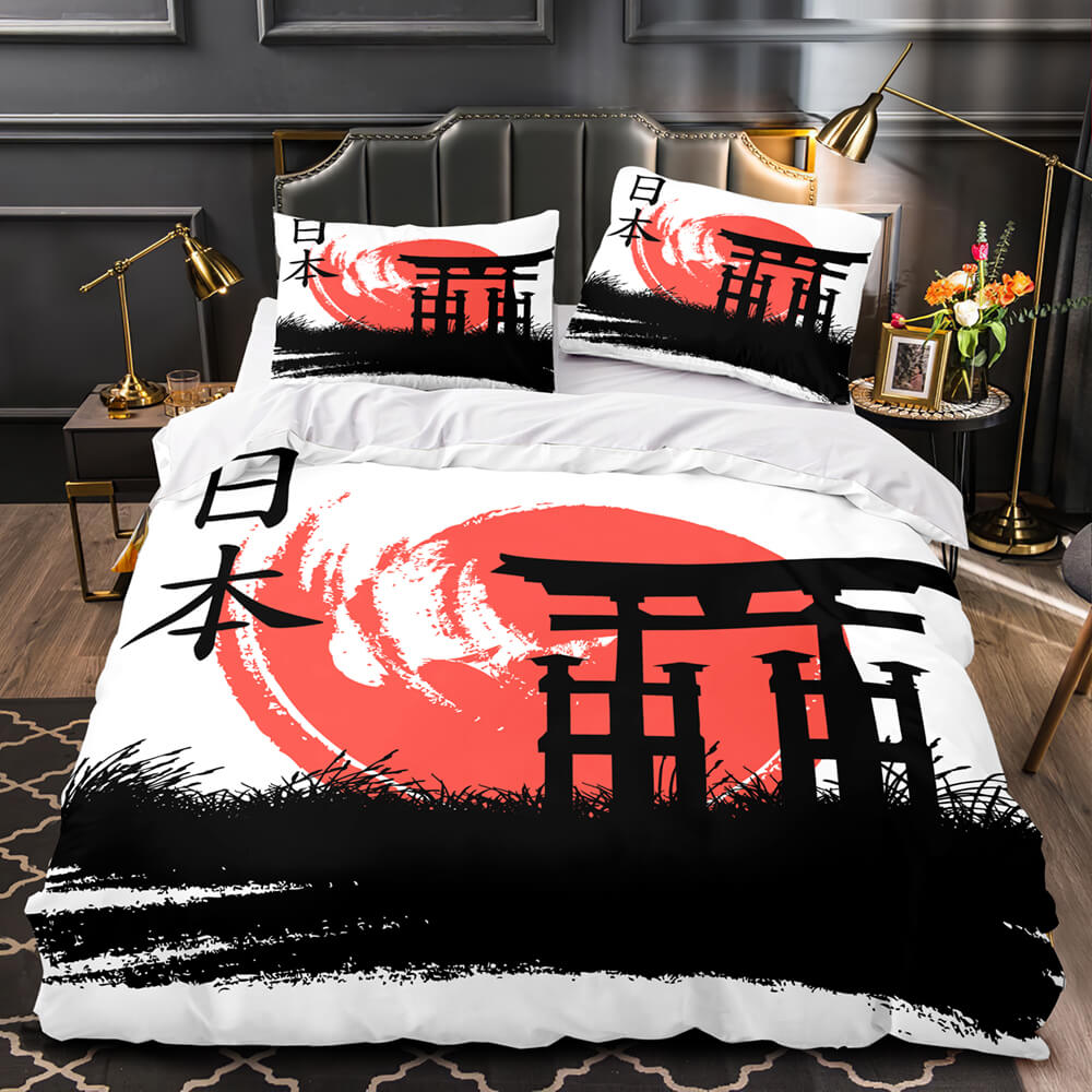 Japan Bedding Set Japanese Temple Torii Gate Duvet Covers Black White – Unifinz