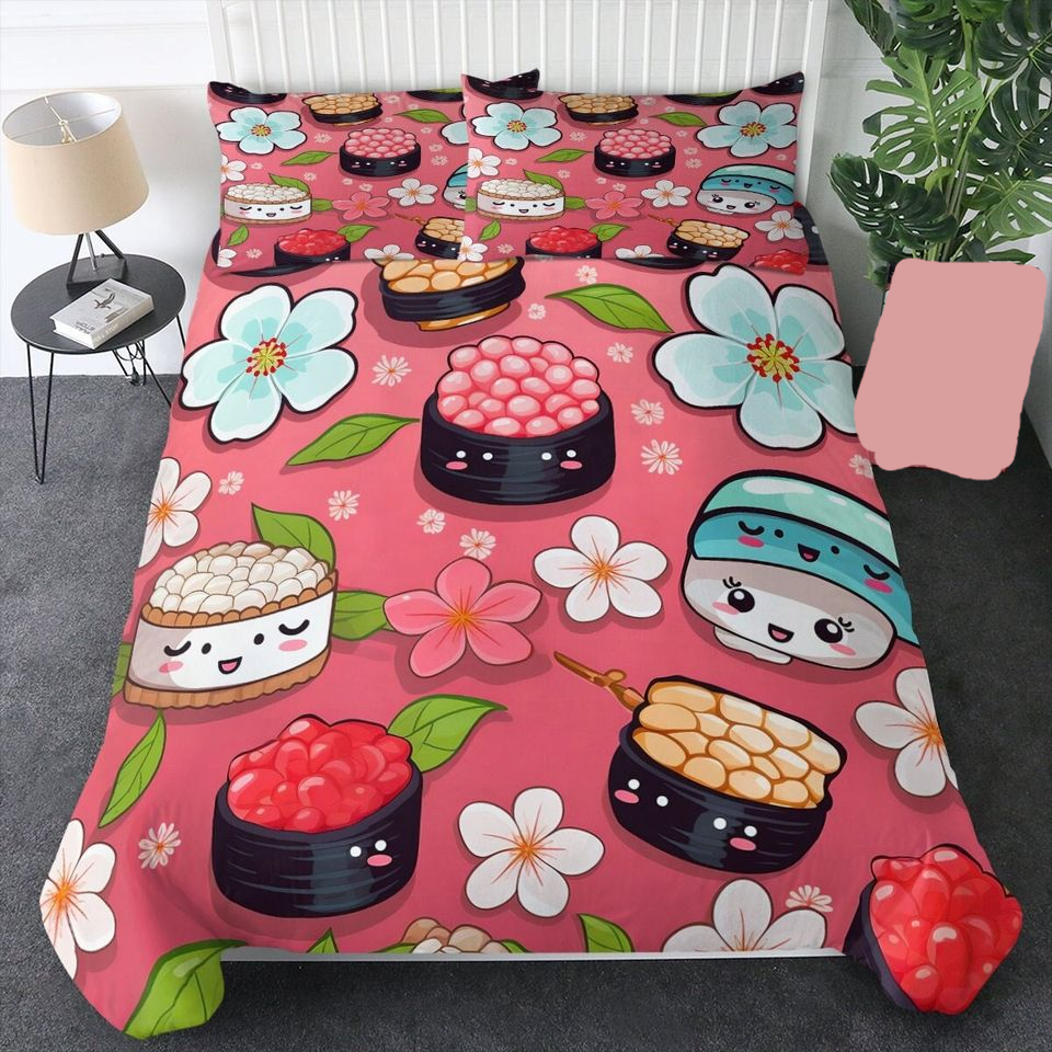 Japan Bedding Set Japanese Chibi Cute Sushi Pattern Duvet Covers Pink ...