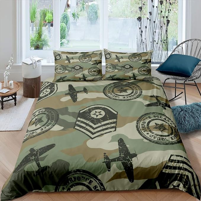 Veteran Bedding Set Army Symbol Camouflage Airplane Pattern Duvet Cove ...