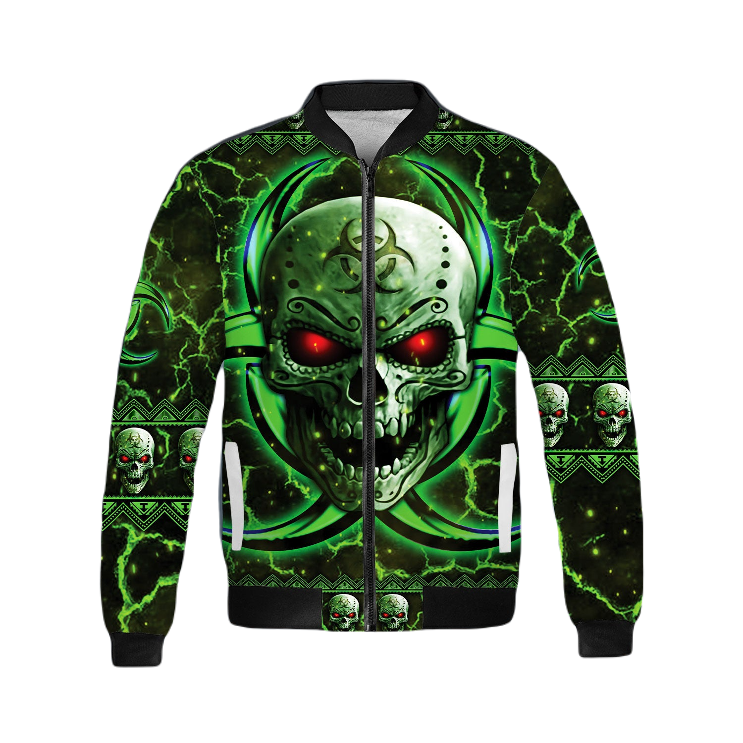 Skull Bomber Jacket Biohazard Symbol Skull Graphic Bomber Green Unisex ...