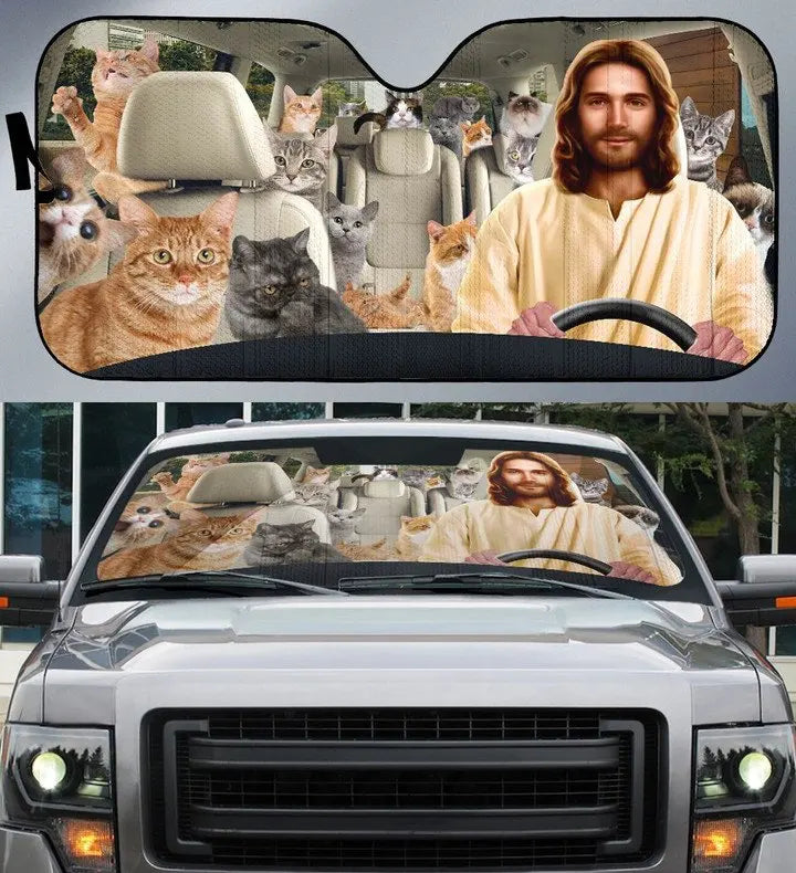 Jesus Car Sun Shade Jesus Driving With Cats Winshield Sun Shade White ...