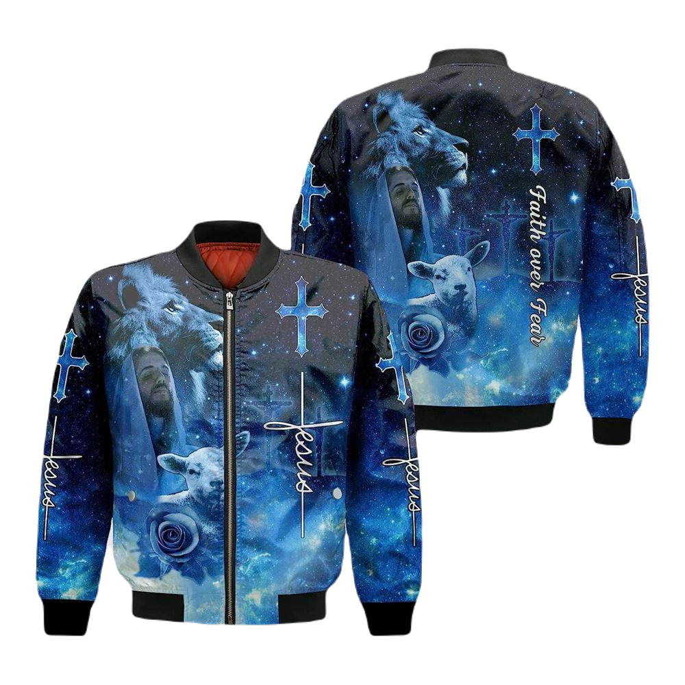 Jesus Bomber Jacket Jesus Christ Lion And Lamb Bomber Blue Unisex – Unifinz