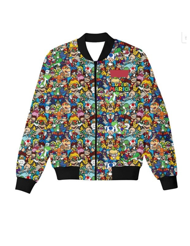 Mario Bomber Jacket Super Mario All Game Characters Doodle Pattern Bom ...