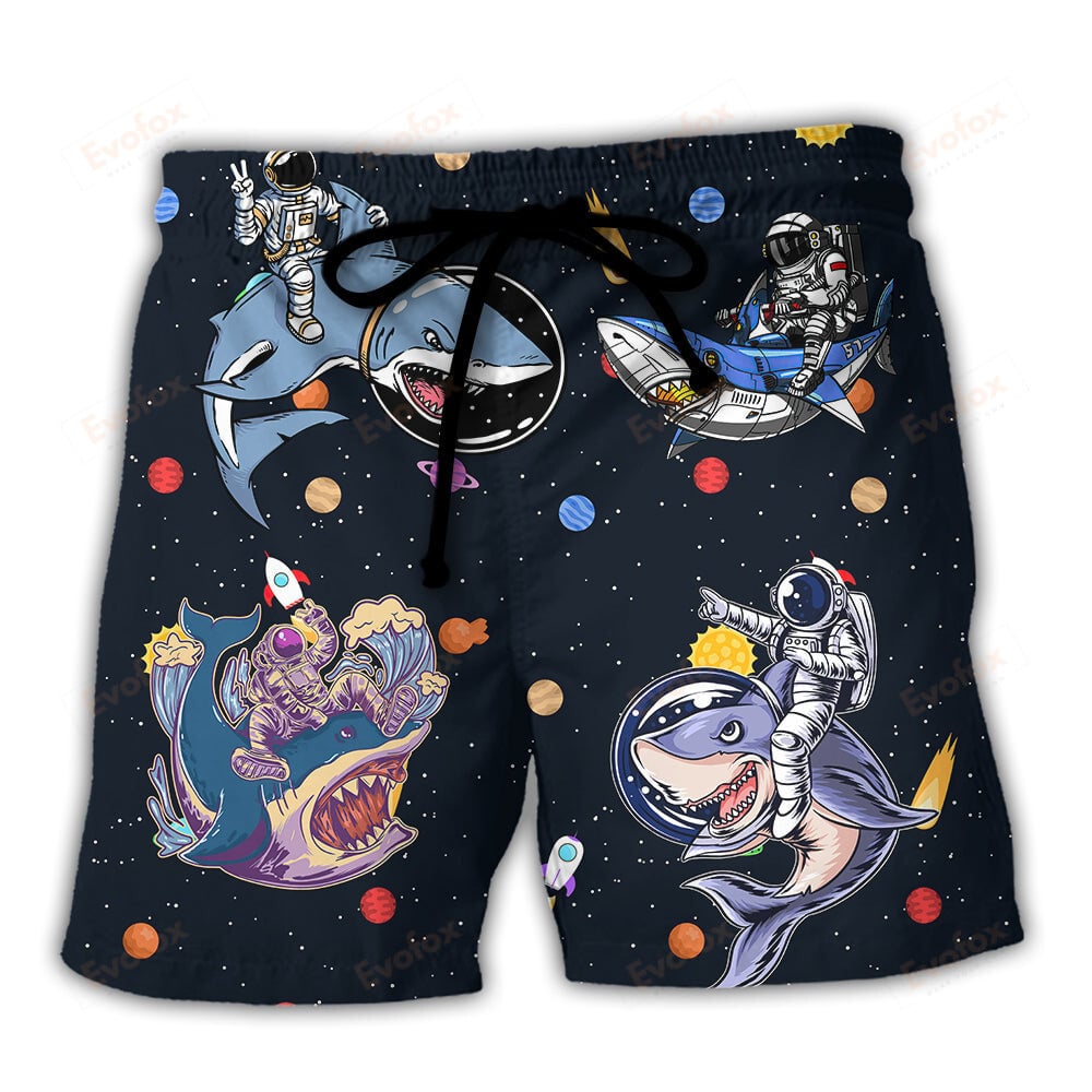 Shark Shorts Shark And Astronaut In Space Beach Shorts Black – Unifinz
