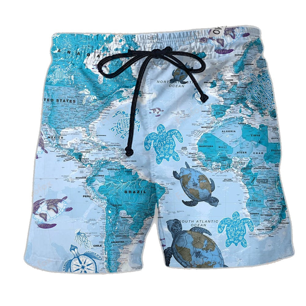 Turtle Shorts Turtle On World Map Beach Shorts Blue – Unifinz