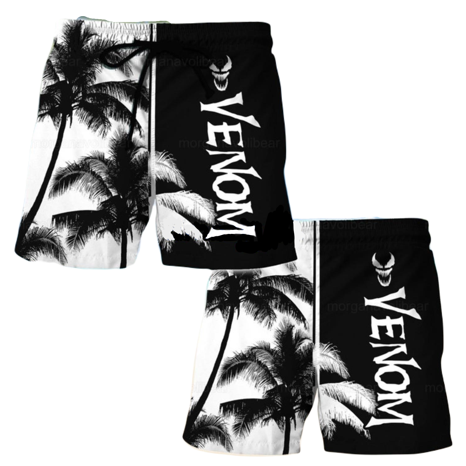Venom Shorts Venom Face Palm Tree Pattern Beach Shorts Black White – Unifinz