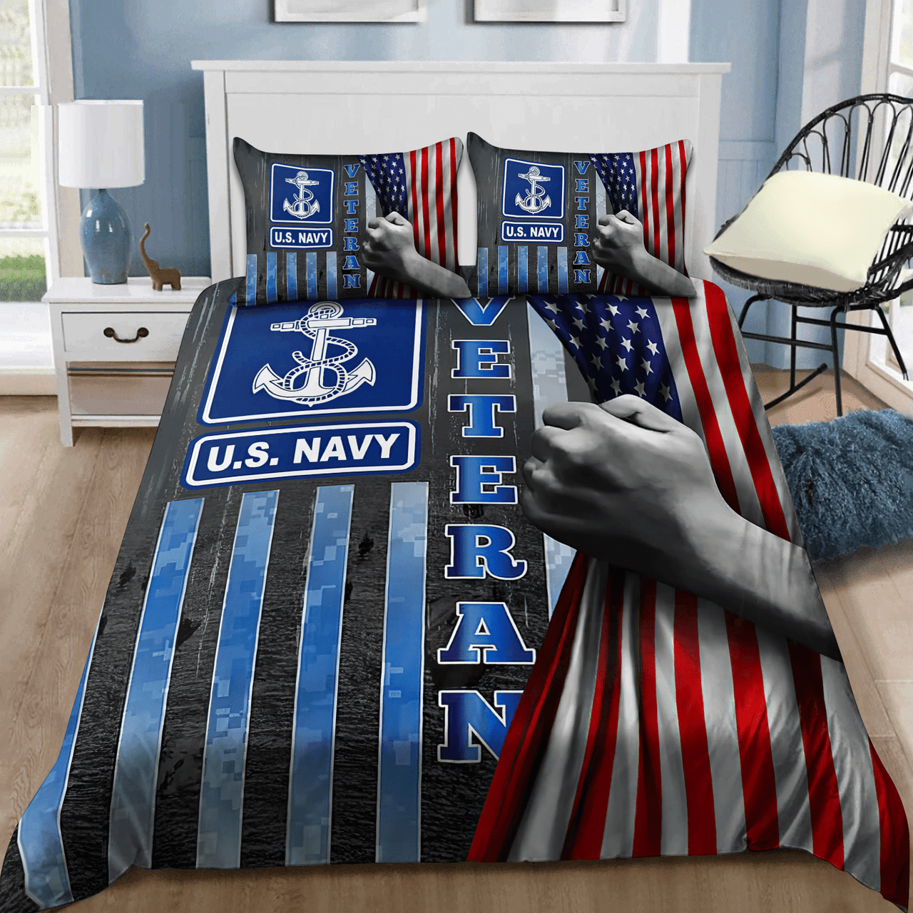 Veteran Bedding Set US Navy Veteran American Flag Duvet Covers Blue Un ...