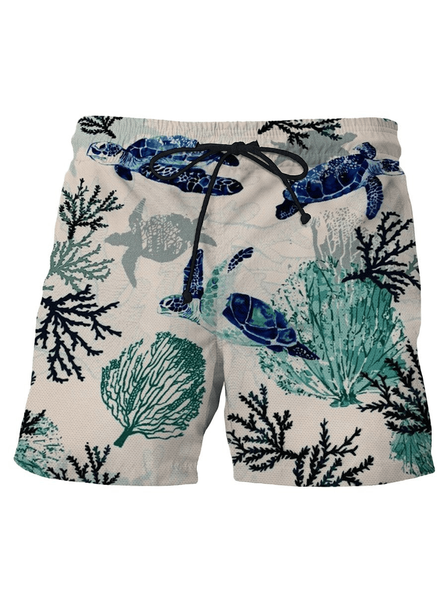 Turtle Shorts Vintage Turtle Coral And Seaweed Beach Shorts Blue – Unifinz