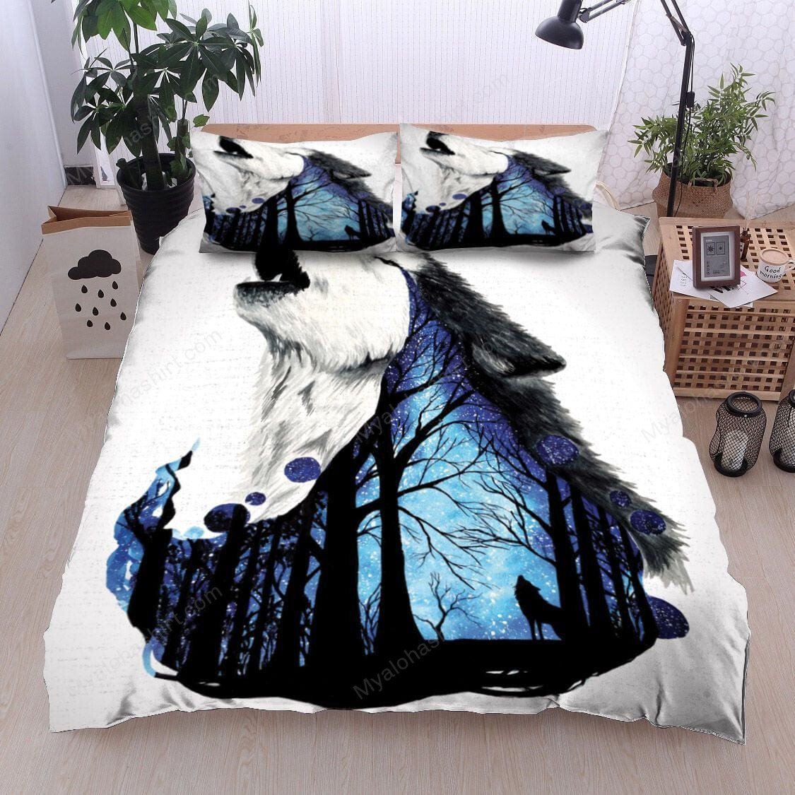 Wolf Bedding Set Howling Wolf In The Forest Duvet Covers Blue White Un ...