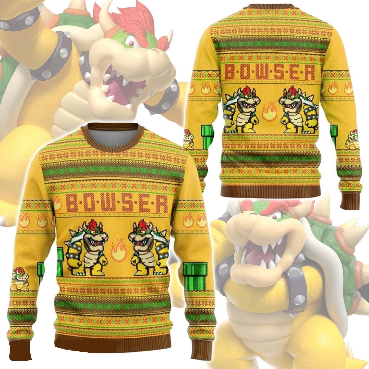 Mario Sweatshirt Super Mario Bowser Game Pattern Sweatshirt Yellow Uni ...